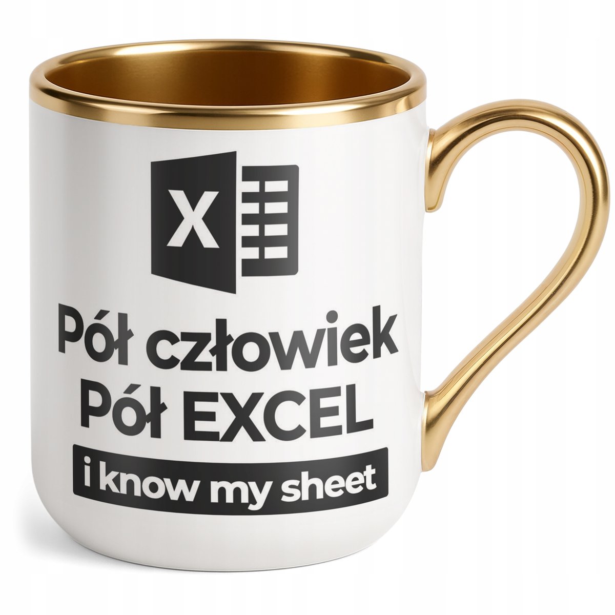 Kubek Premium Złoty Pół Człowiek Pół Excel Praca Zabawny Prezent ...