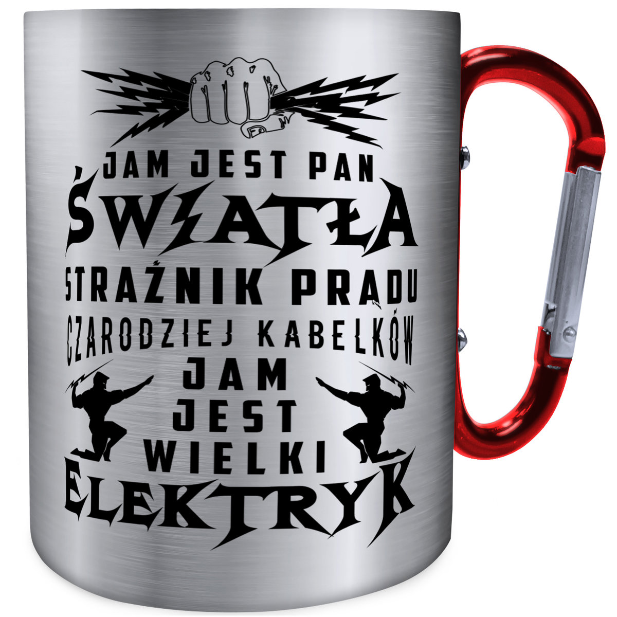 Kubek stalowy Z KARABIŃCZYKIEM NA PREZENT DLA ELEKTRYKA PAN ŚWIATŁA Wondergift srebrny ...