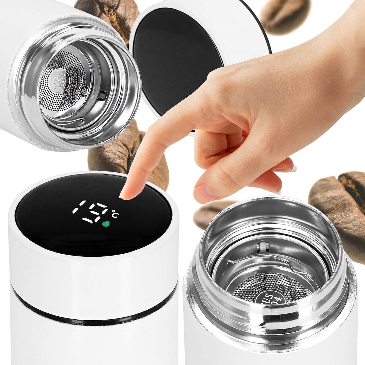 Kubek termiczny do kawy 500 ml stal nierdzewna termos z wyświetlaczem temp. biały - Springos ...