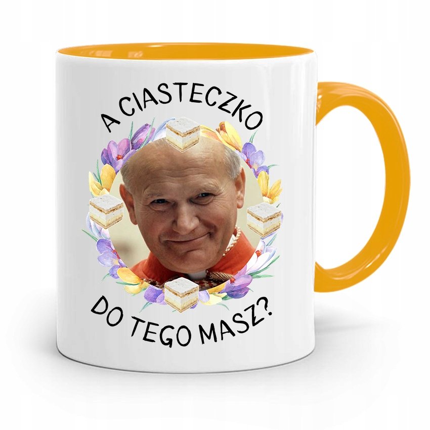 KUBEK ŻÓŁTY JAN PAWEŁ II PAPIEŻ A CIASTECZKO MASZ? z Nadrukiem ze ...