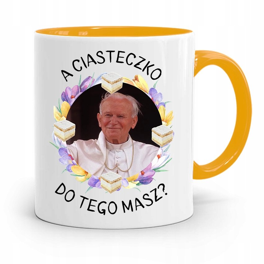 KUBEK ŻÓŁTY JAN PAWEŁ II PAPIEŻ A CIASTECZKO MASZ? z Nadrukiem ze ...