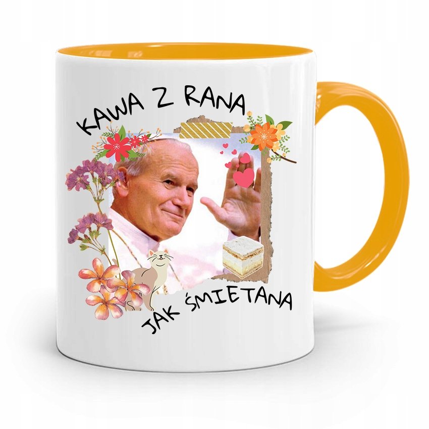 KUBEK ŻÓŁTY JAN PAWEŁ II PAPIEŻ KAWA Z RANA z Nadrukiem ze Zdjęciem ...