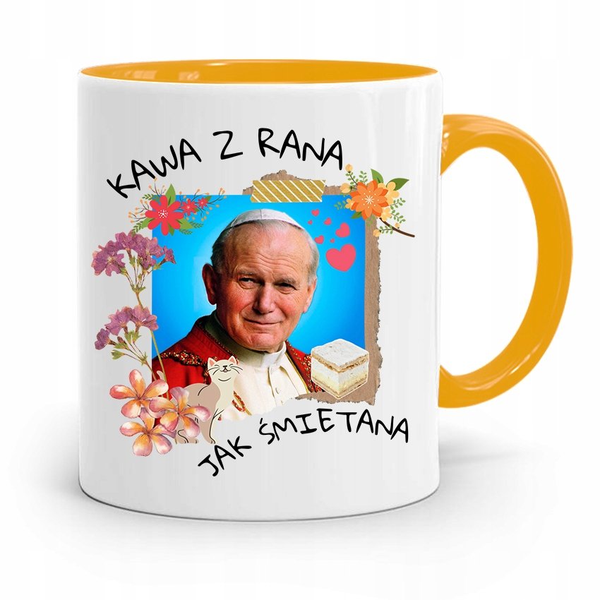 KUBEK ŻÓŁTY JAN PAWEŁ II PAPIEŻ KAWA Z RANA z Nadrukiem ze Zdjęciem ...