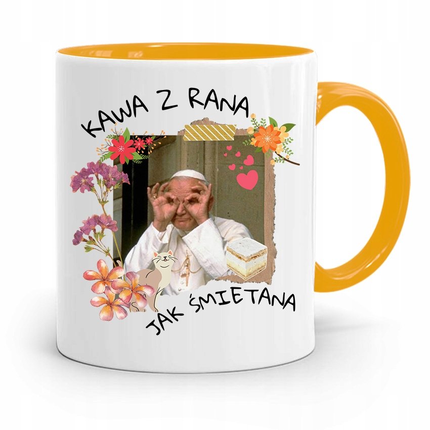 KUBEK ŻÓŁTY JAN PAWEŁ II PAPIEŻ KAWA Z RANA z Nadrukiem ze Zdjęciem ...