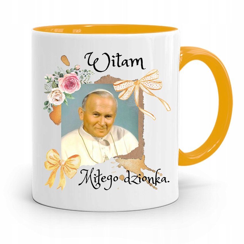 KUBEK ŻÓŁTY JAN PAWEŁ II PAPIEŻ MIŁEGO DZIONKA z Nadrukiem ze Zdjęciem ...