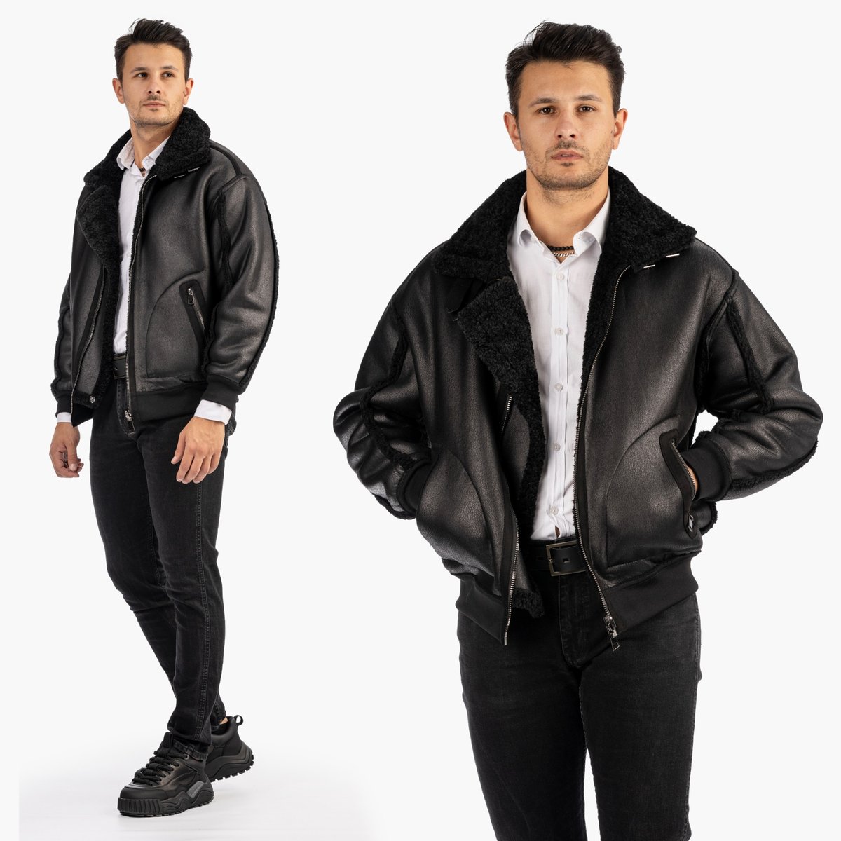 Kurtka Męska Zimowa Ekoskóra Pilotka Z Kołnierzem Czarna Just Rebel ...