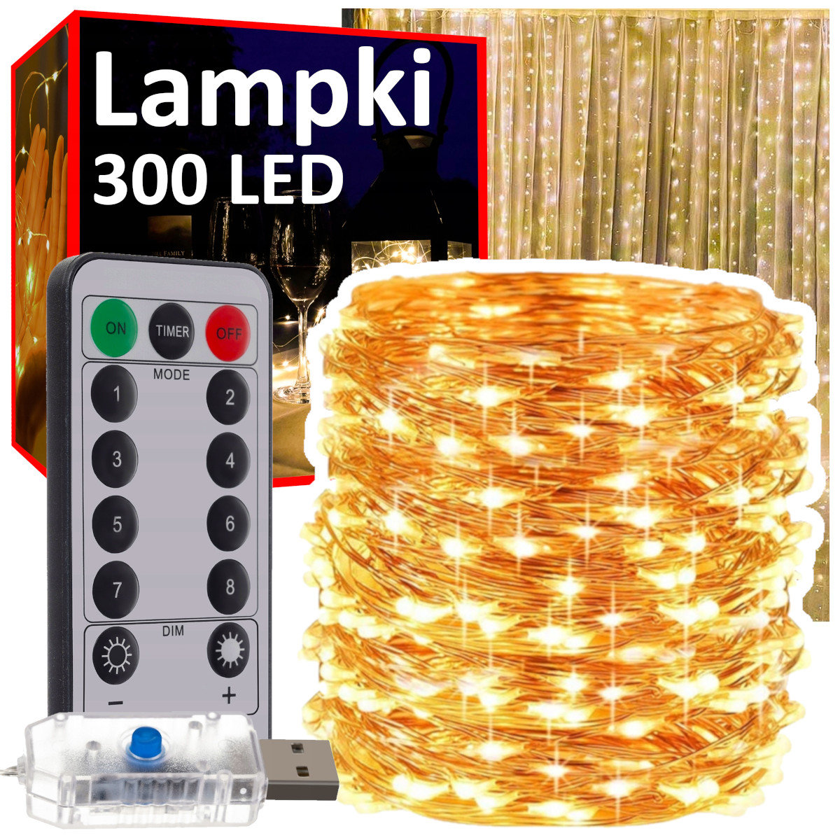 Kurtyna LED Sople Lampki Mikro Drucik 3x3m na Pilot Białe Ciepłe D528 ...