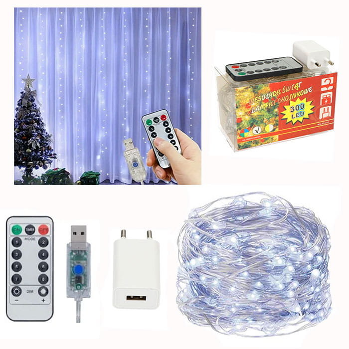 KURTYNA MIKRO LED DRUCIK 3x3m LAMPKI SOPLE + PILOT + ZASILACZ BIAŁY ...