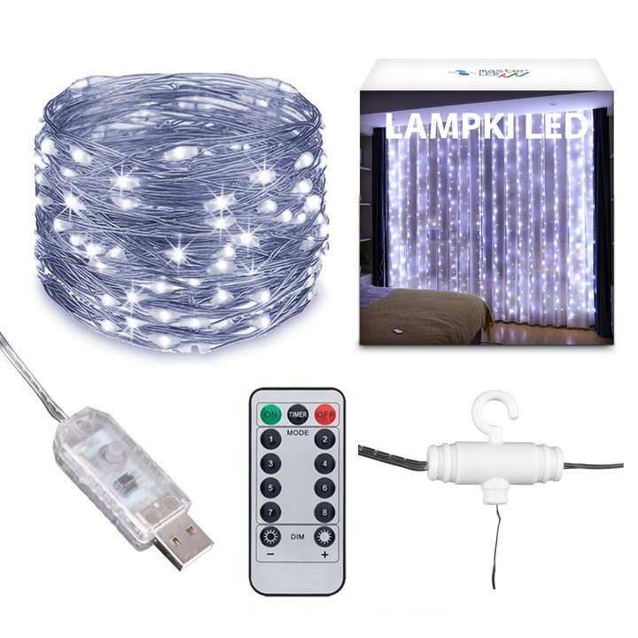 Kurtyna świetlna 300 LED 6500K Girlanda Lampki 3x3m USB druciki + pilot ...