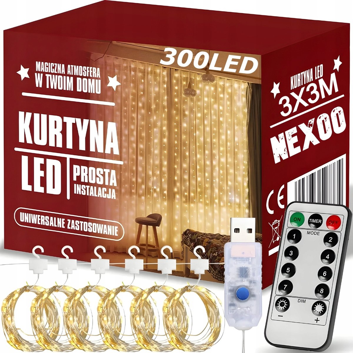 KURTYNA ŚWIETLNA 300LED 3x3m LAMPKI SOPLE - MOCNA ŚWIĄTECZNA+PILOT ...