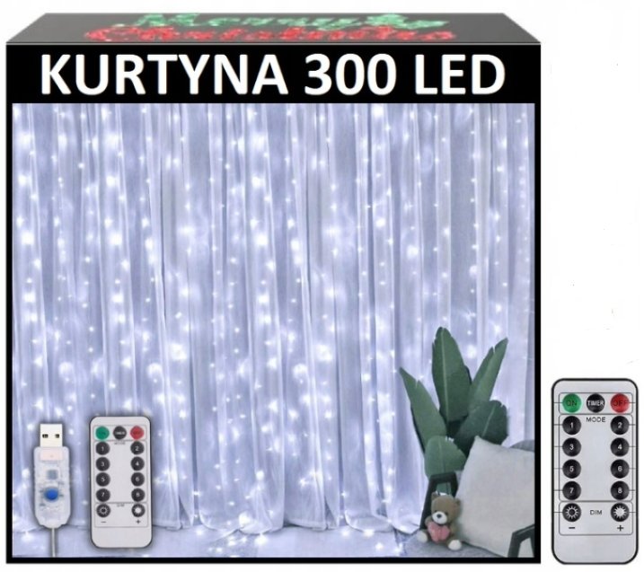 KURTYNA ŚWIETLNA GIRLANDA BARWA ZIMNA 300 LED NA USB 3X2M SOPLE + PILOT ...