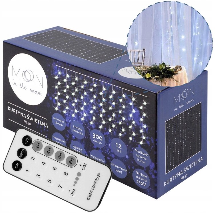 Kurtyna świetlna ozdobna zewnętrzna LTC Moon In The Room sople 300 LED ...