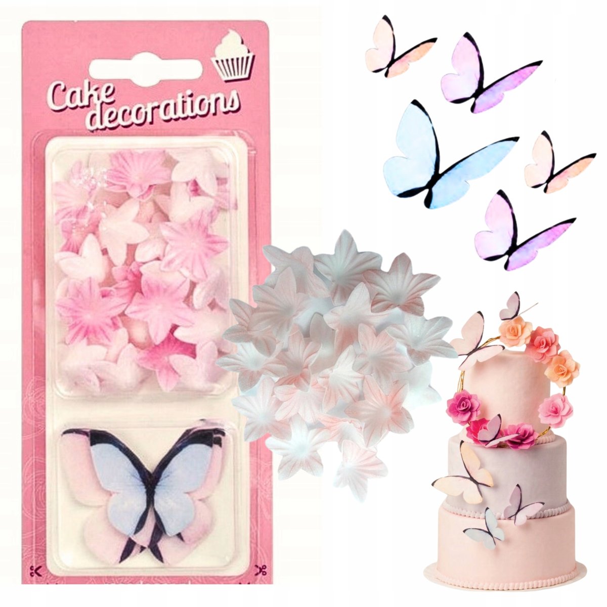 Kwiaty motyle waflowe dekoracja na tort pastel róż 30szt mix 3D ...