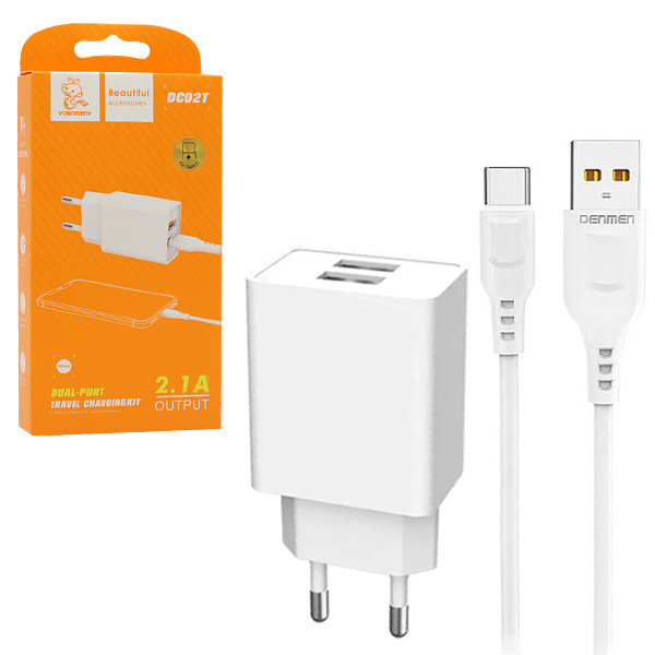 ŁADOWARKA SIECIOWA 2.1A 10W BIAŁA DENMEN 2100mA 2xUSB DC02 + KABEL TYP-C WHITE - Inny producent ...