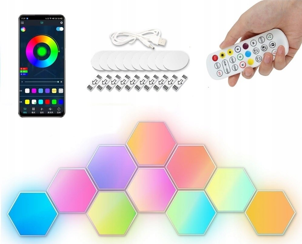 Lampa Hexagon x10 plaster miodu RGB USB PILOT APLIKACJA ZESTAW TIMER ...