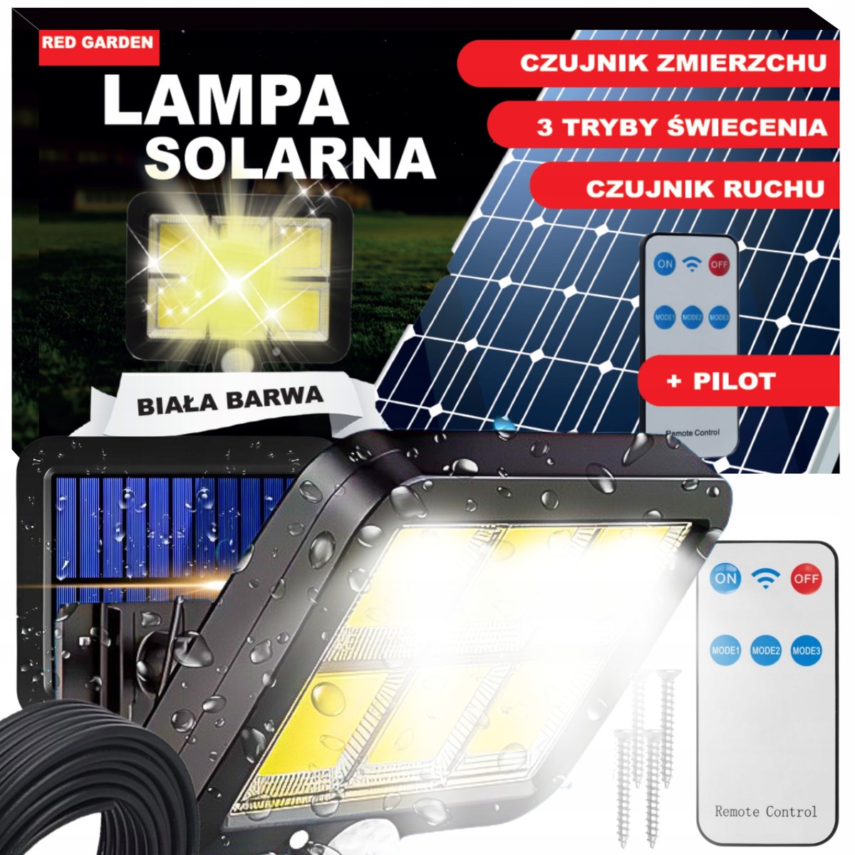 LAMPA SOLARNA Z CZUJNIKIEM RUCHU ZMIERZCHU LED OGRODOWA ULICZNA + PILOT - RED GARDEN | Sklep ...