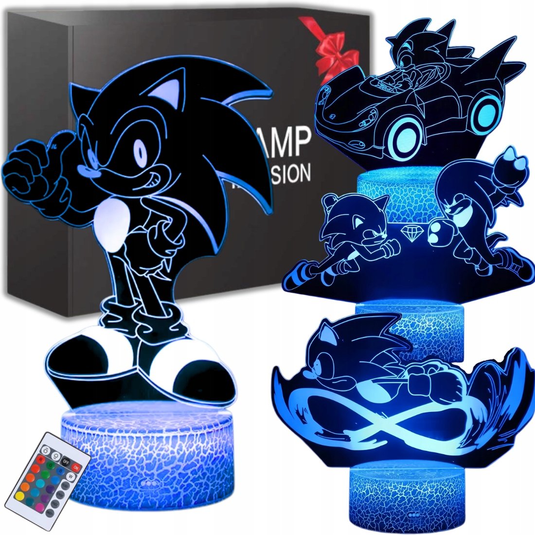LAMPKA 3D SONIC 4 HOLOGRAMY DLA DZIECI NOCNA BIURKO LED 7 KOLOR USB ...