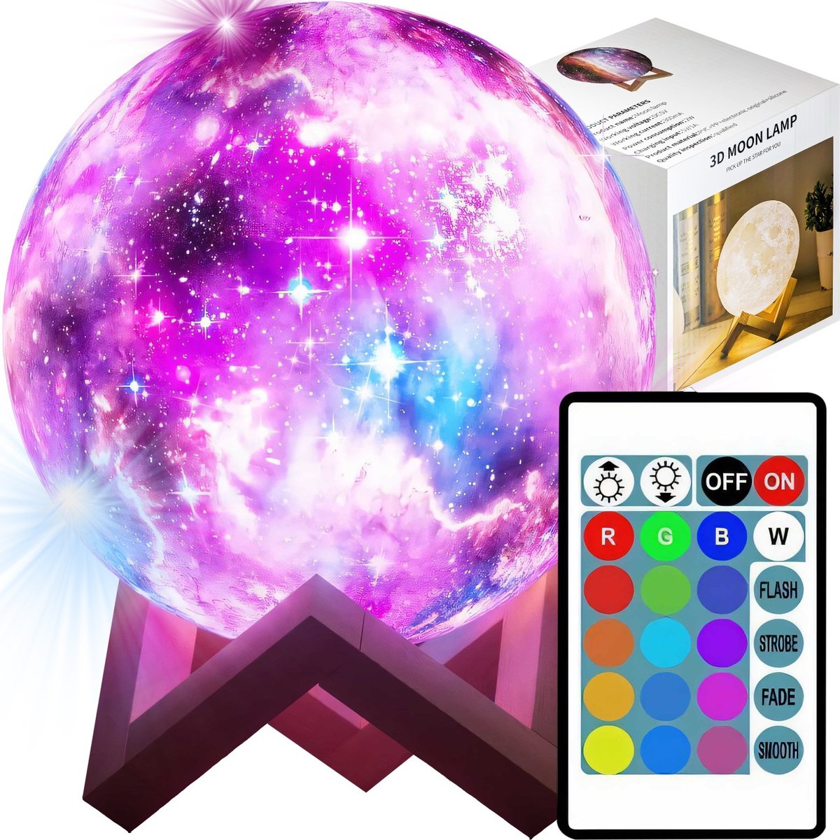 LAMPKA LAMPA NOCNA KSIĘŻYC ŚWIECĄCY 3D MOON RGB PILOT LED LIGHT ...