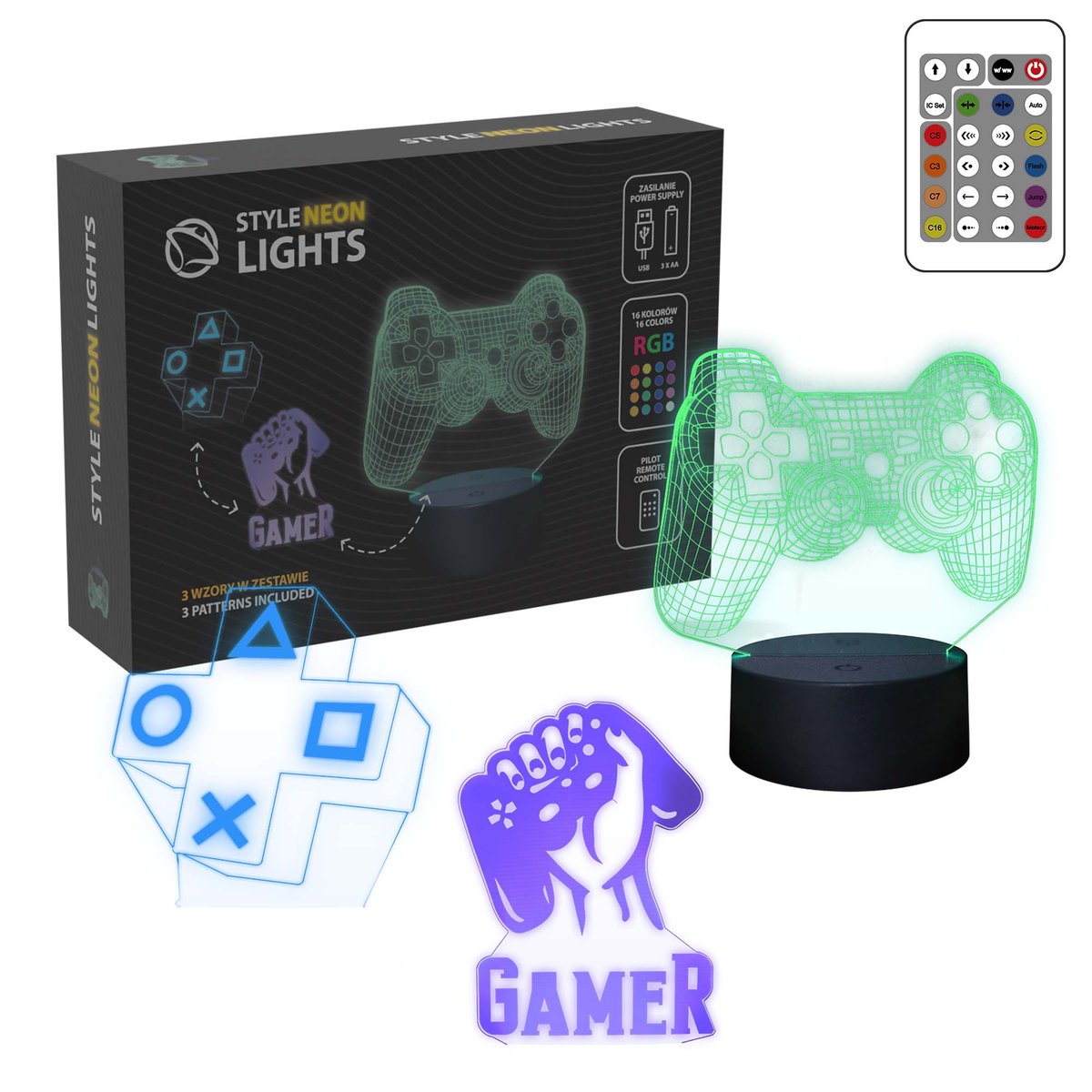 Lampka LED MANTA Style Neon Lights ZESTAW 3SZT GAME 2 RGB 3D z czarną podstawką SNL122RGB ...