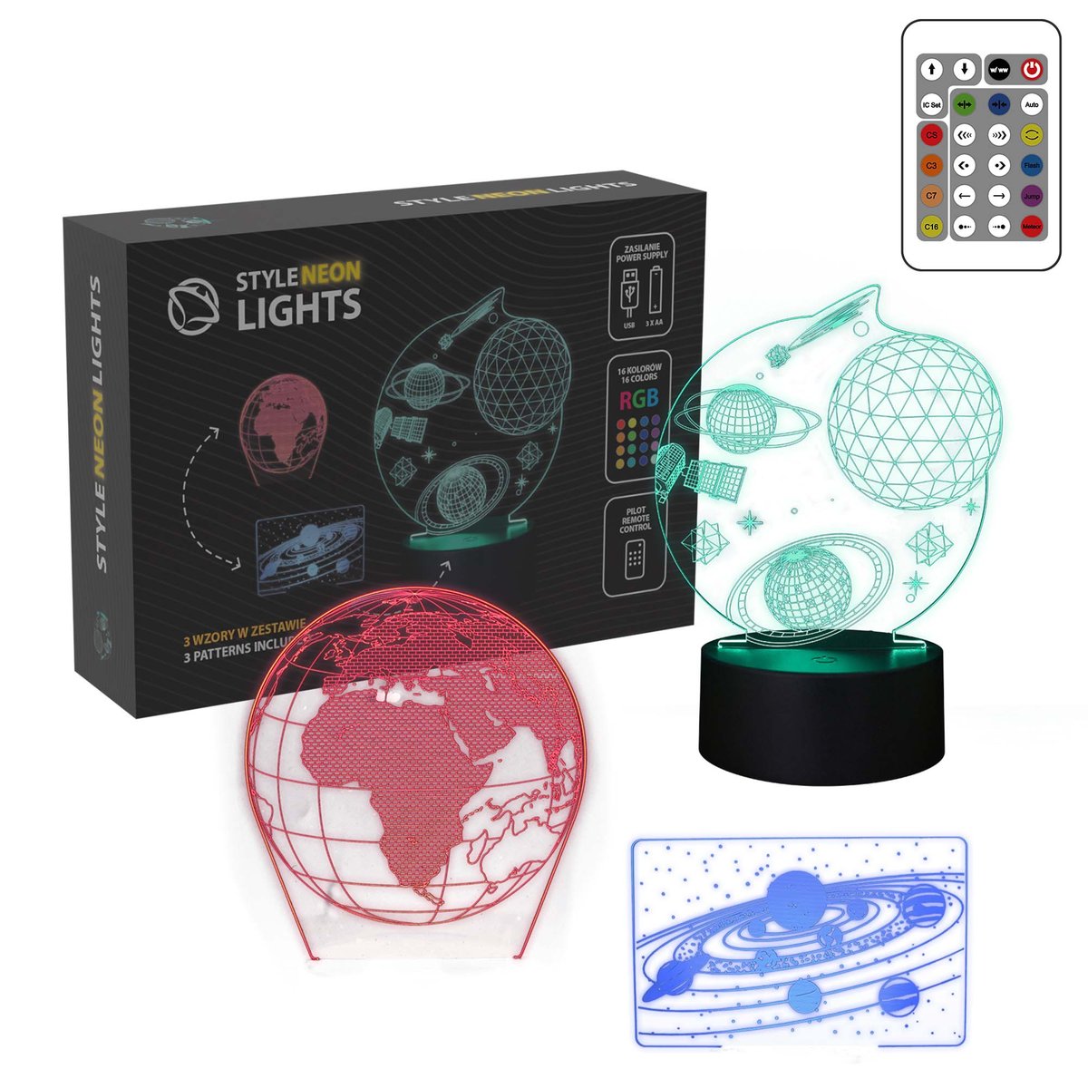 Lampka LED MANTA Style Neon Lights ZESTAW 3SZT KOSMOS RGB 3D z czarną podstawką SNL118RGB ...
