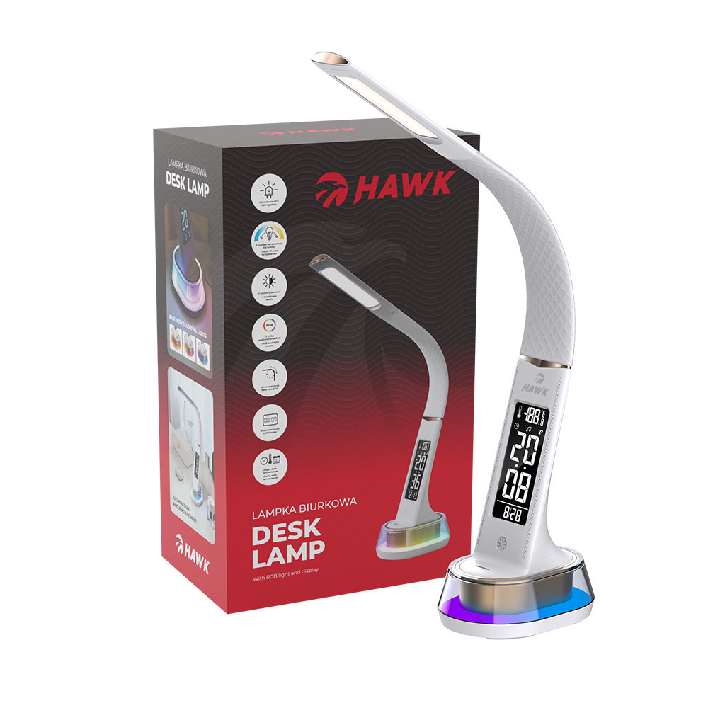 Lampka na biurko LED z wyświetlaczem RGB HAWK HW-LAMP05 zegar budzik - HAWK | Sklep EMPIK.COM