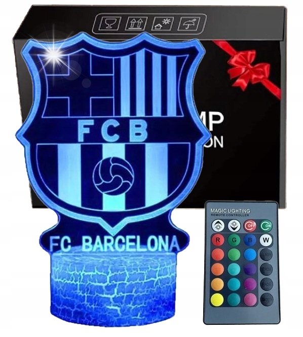 LAMPKA NOCNA 3D FC BARCELONA HERB LED 16 KOLORÓW PODSTAWKA USB + PILOT ...