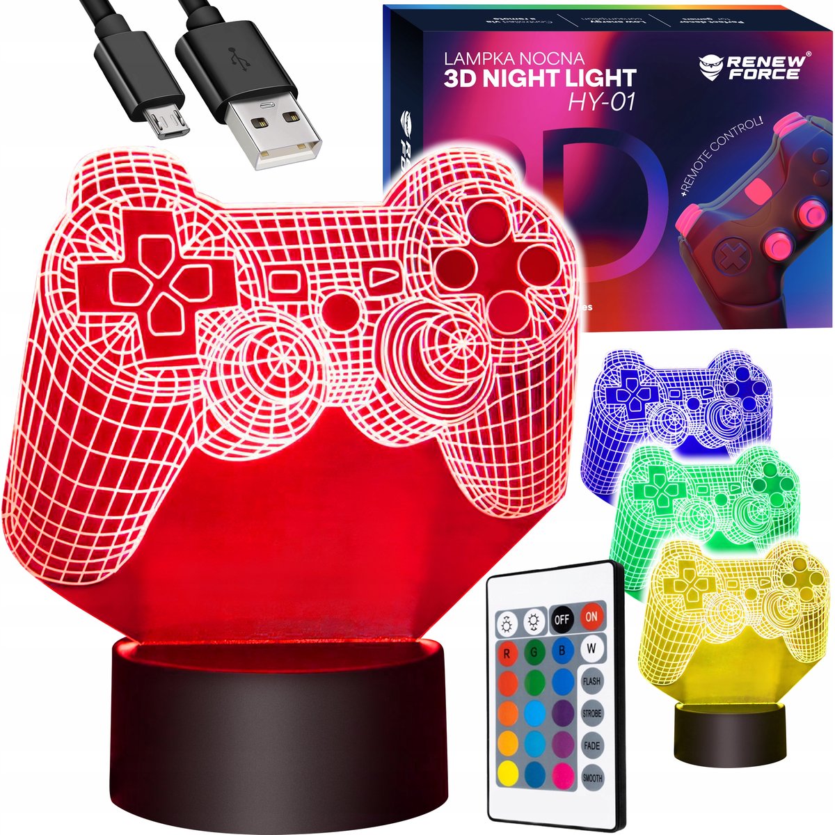 Lampka Nocna LED GAME PAD dla gracza Dzieci 3D LED Kolory RGB Pilot ...