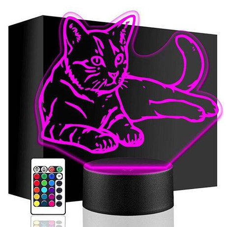 LAMPKA NOCNA LED KOT KOTEK ZWIERZĄTKO 3D + PILOT prezent URODZINY ...