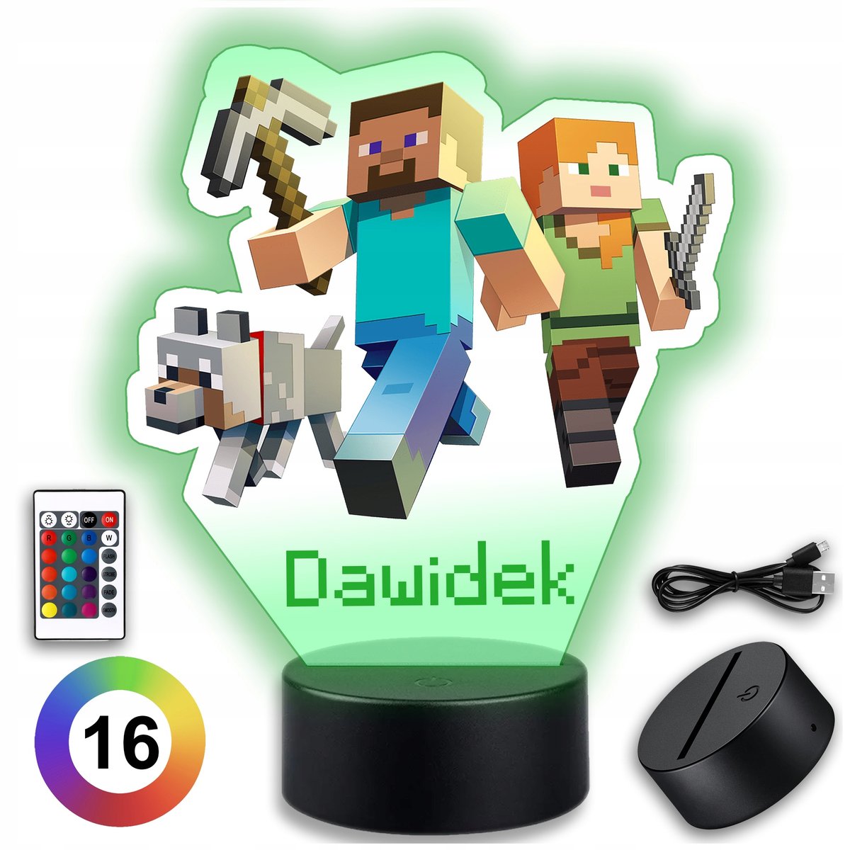 Lampka Nocna Minecraft Steve LED 3D z Imieniem Pilot RGB - Koala Wood ...