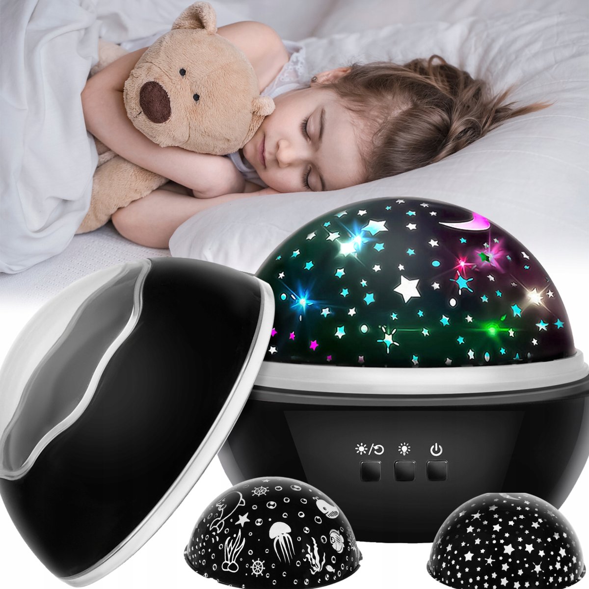 LAMPKA NOCNA OBRTOWA PROJEKTOR GWIAZD NIEBA LED DLA DZIECI USB BATERIE 2W1 - MT | Sklep EMPIK.COM