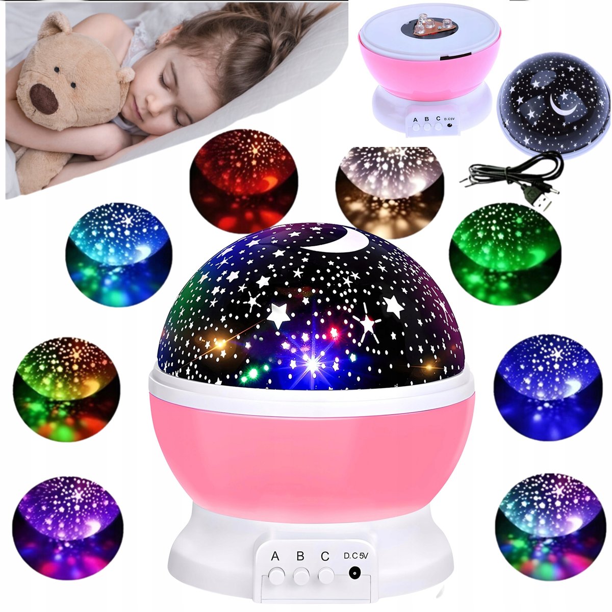 LAMPKA NOCNA PROJEKTOR GWIAZD STAR LED DLA DZIECI DO SYPIALNI USB BATERIE - Inny producent ...