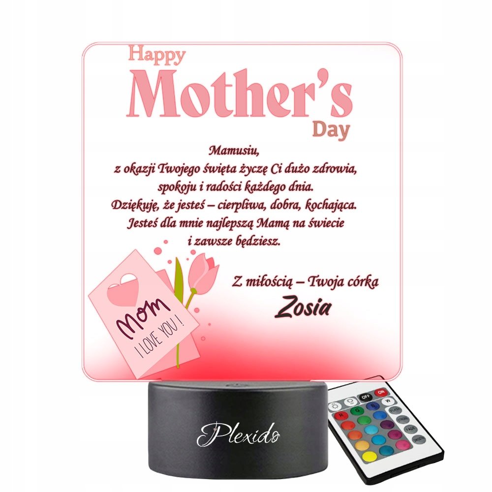 Lampka Nocna z Nadrukiem UV LED 3D Happy Mother's Day Życzenia Dzień ...