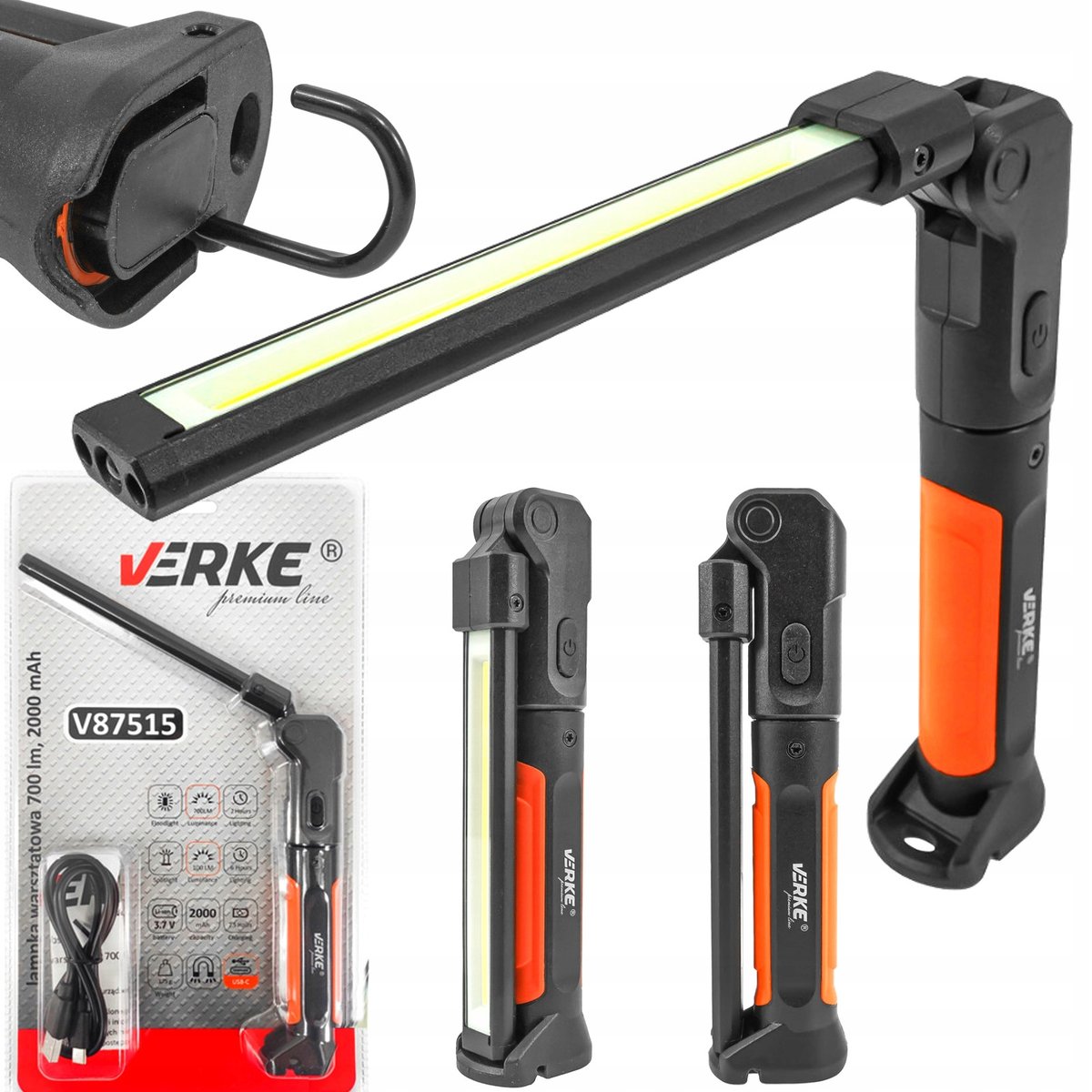 Lampka Warsztatowa Robocza Latarka Akumulatorowa Z Magnesem Led Cob Hak ...