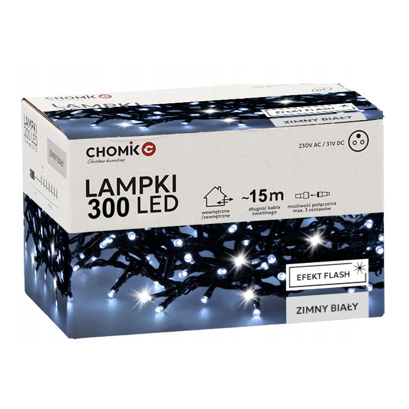 Lampki Choinkowe 300 LED Zimny Biały i FLASH Zewnętrzne Timer - Chomik ...