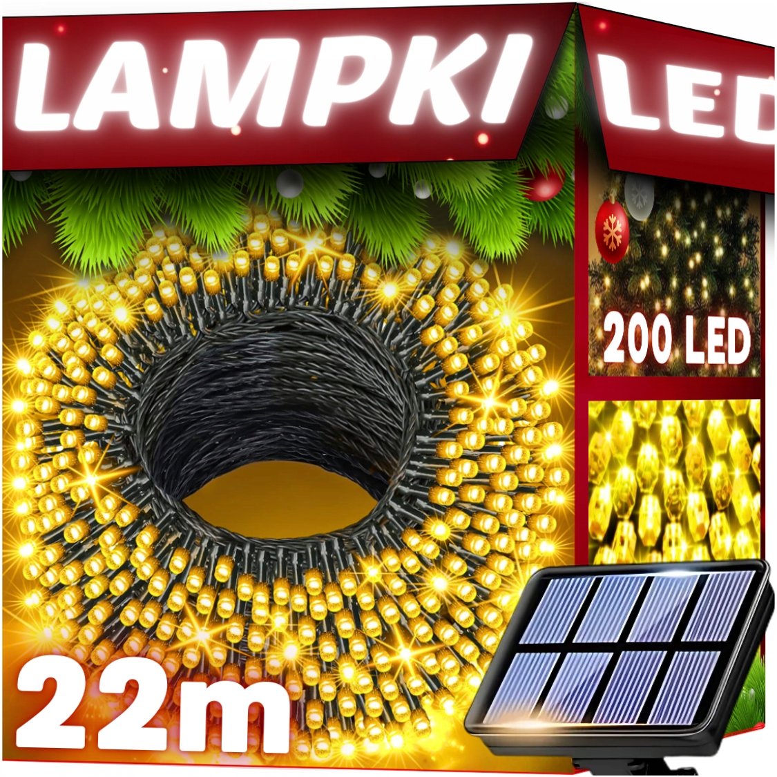 Lampki Choinkowe Solarne 200Led 22M Świąteczne Zewnętrzne Białe Ciepłe ...