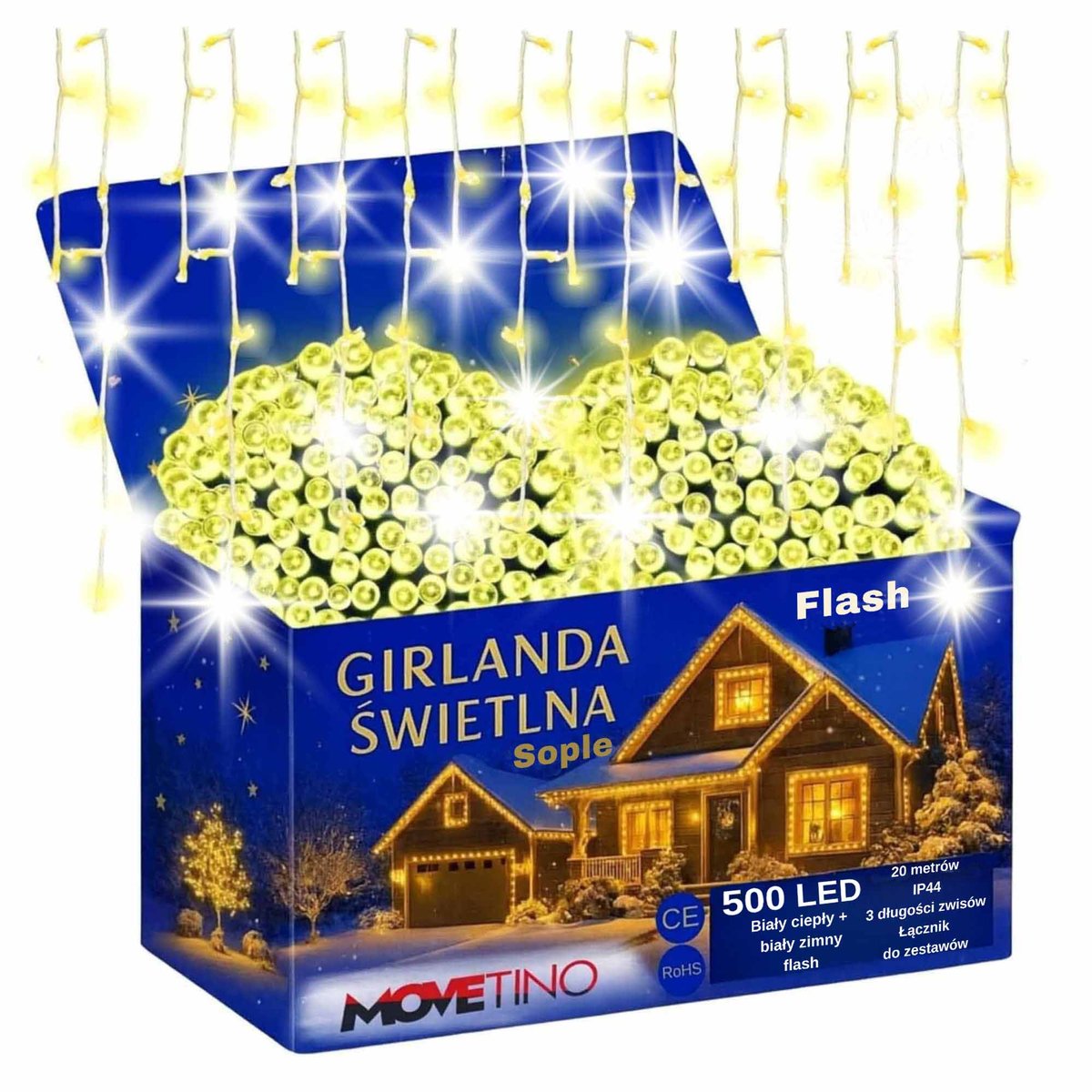 LAMPKI CHOINKOWE Z EFEKTEM FLASH SOPLE KURTYNA IP44 500LED 20m BIAŁY ...