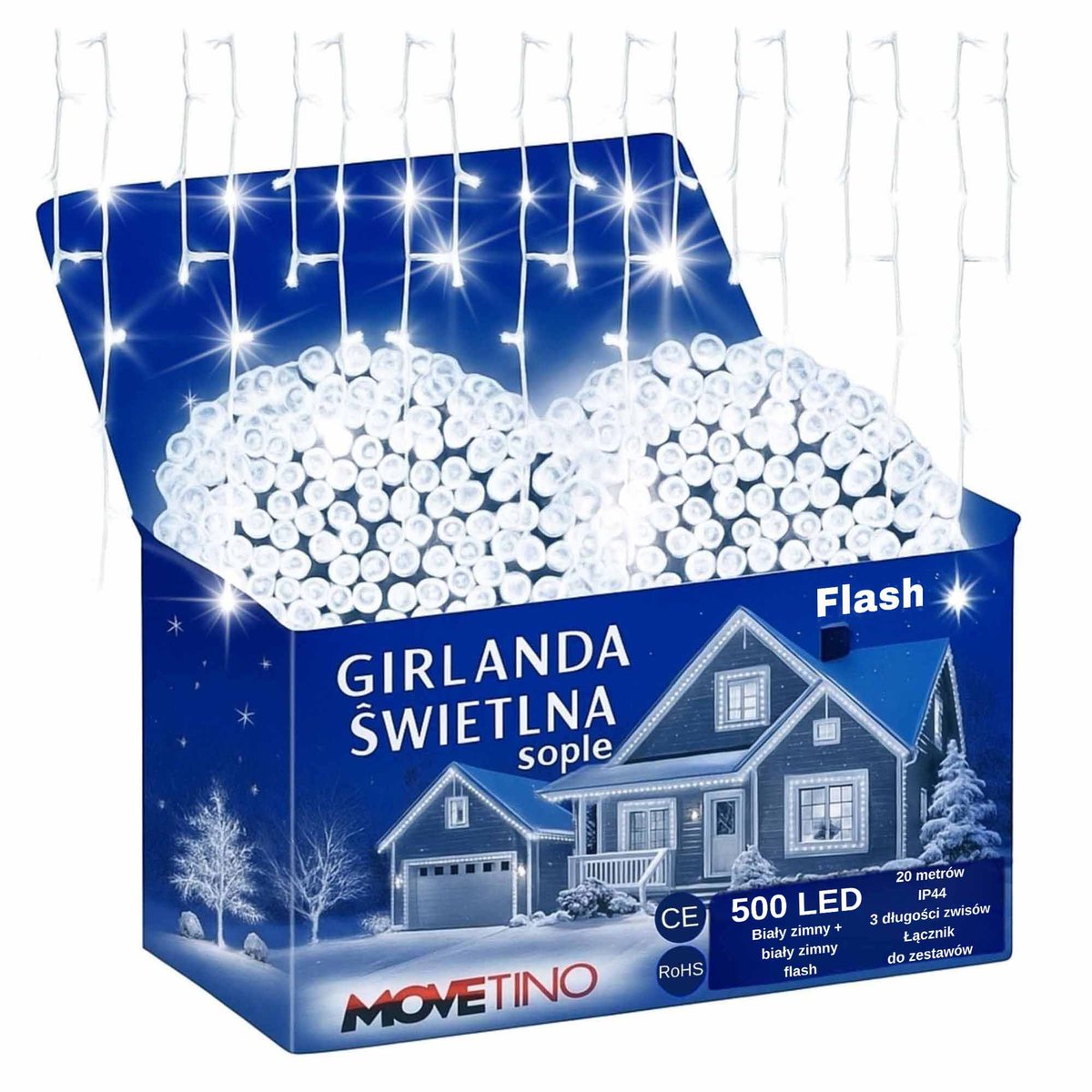 LAMPKI CHOINKOWE Z EFEKTEM FLASH SOPLE KURTYNA IP44 500LED 20m BIAŁY ...