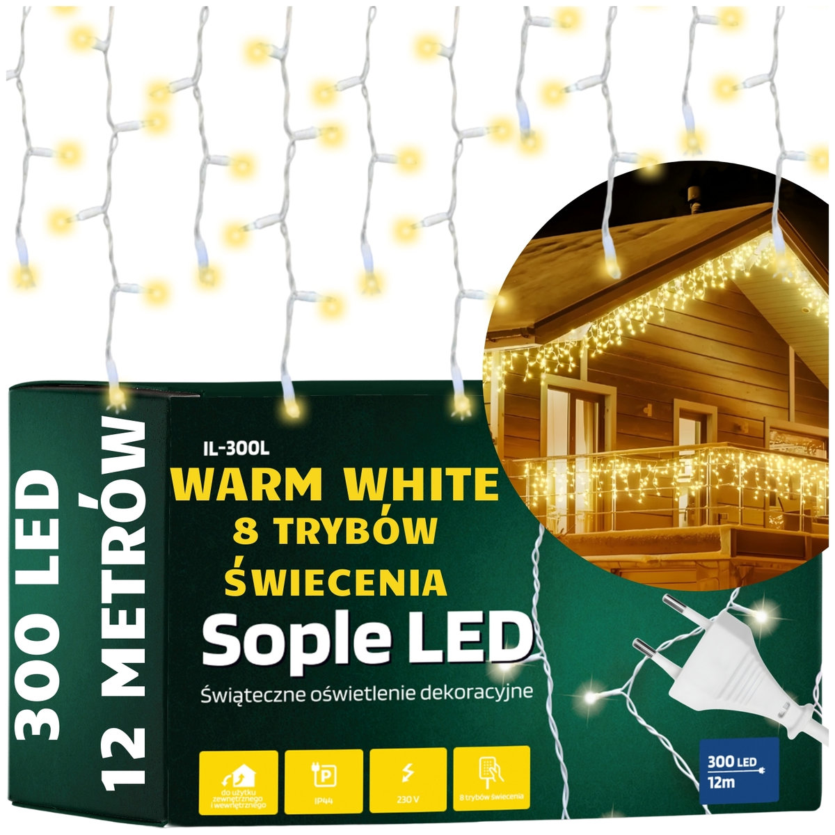 Lampki świąteczne zewnętrzne sople 300 led ciepły biały - Zolta | Sklep ...