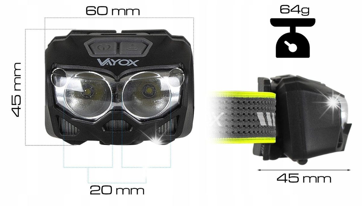 Latarka lampka CZOŁOWA VAYOX VA0078 LED COB 500lm 700m IP65 CZUJNIK ...