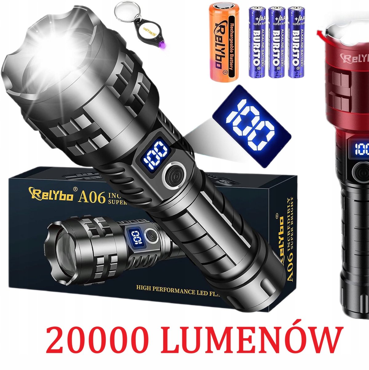 Latarka Led 20000 Lumenów Wojskowa Taktyczna 5 Trybów Akumulator ...