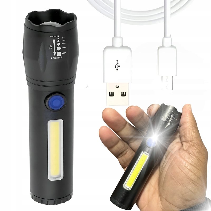 LATARKA LED TAKTYCZNA ZOOM AKUMULATOROWA COB+LED CZARNY ZIMNA BIEL ...