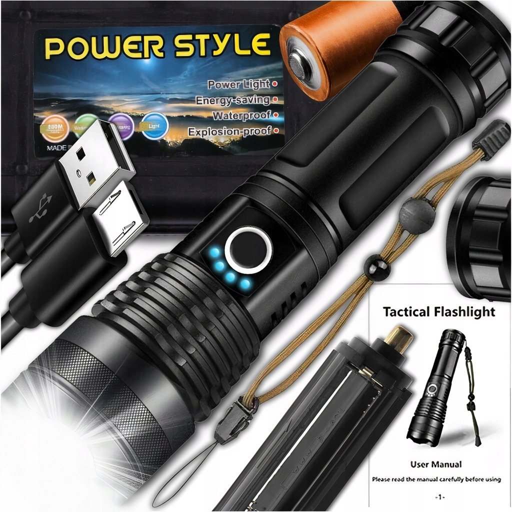 Latarka LED Taktyczna ZOOM Akumulatorowa Wojskowa Wodoodporna USB Mocna ...