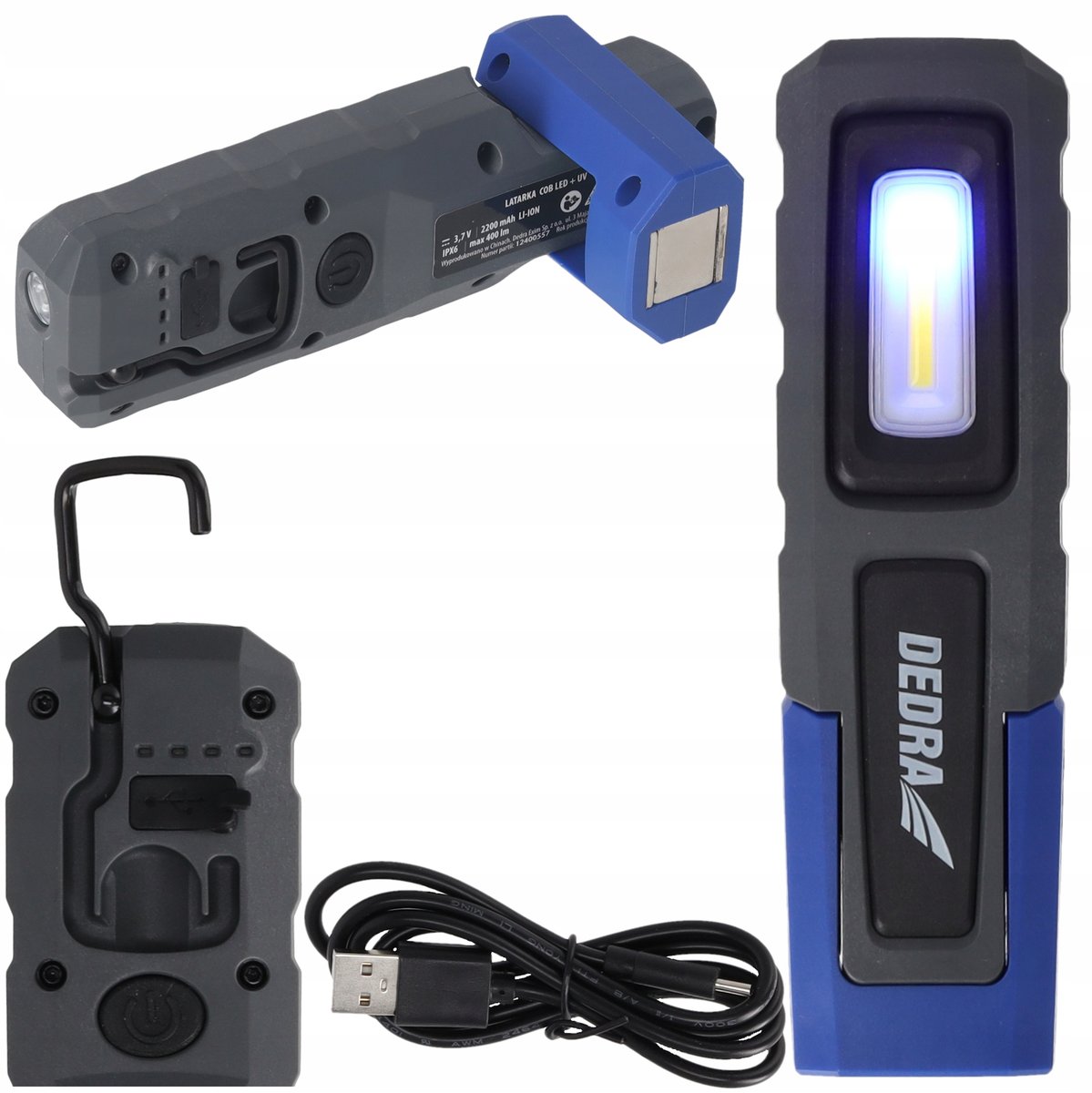 LATARKA LED WARSZTATOWA DEDRA 2200mAh 400lm z magnesem Haczyk USB-C UV ...