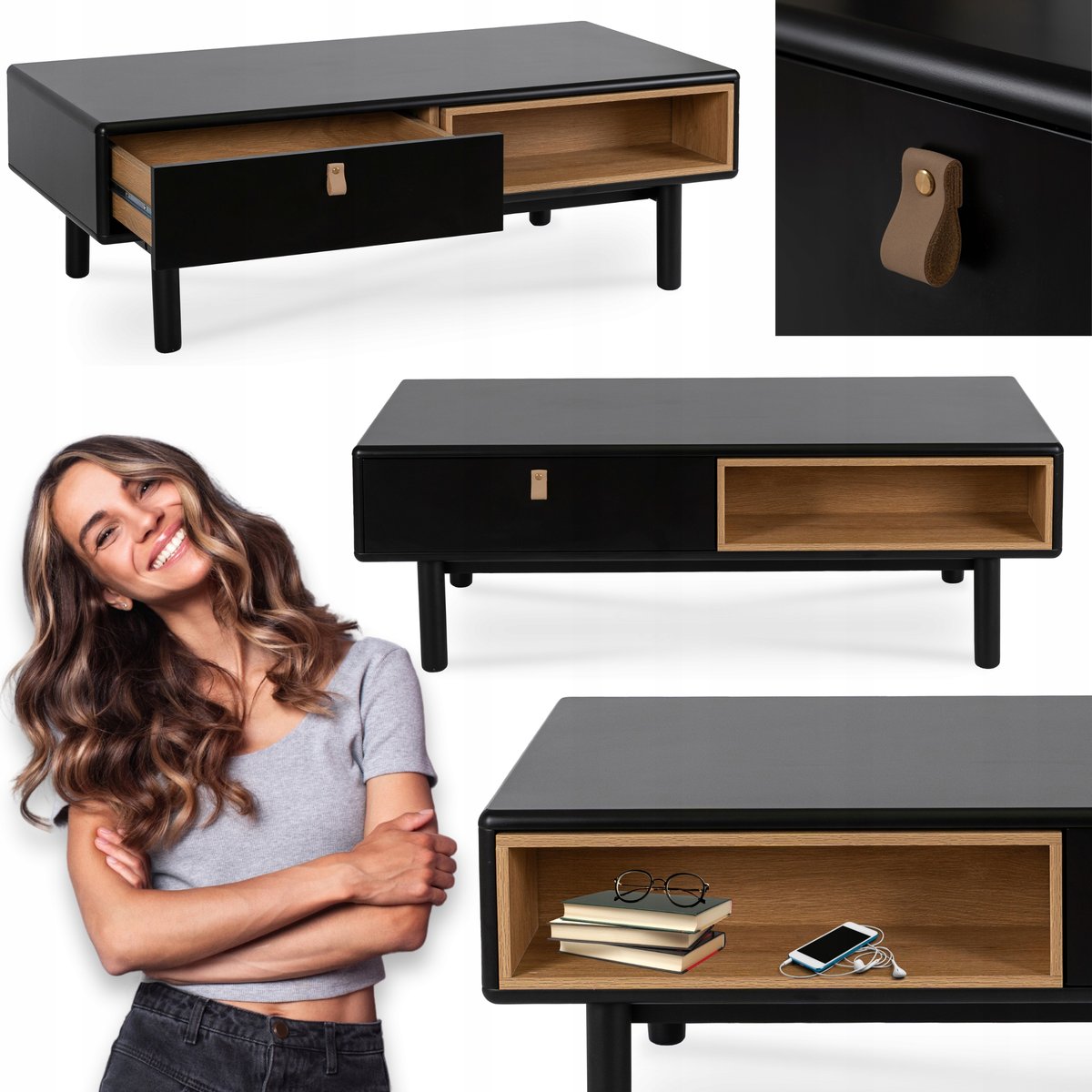 Ława 120 Stolik Kawowy z Szufladami ARES Czarny Skandynawski Do Salonu Loft - MEBEL ELITE ...