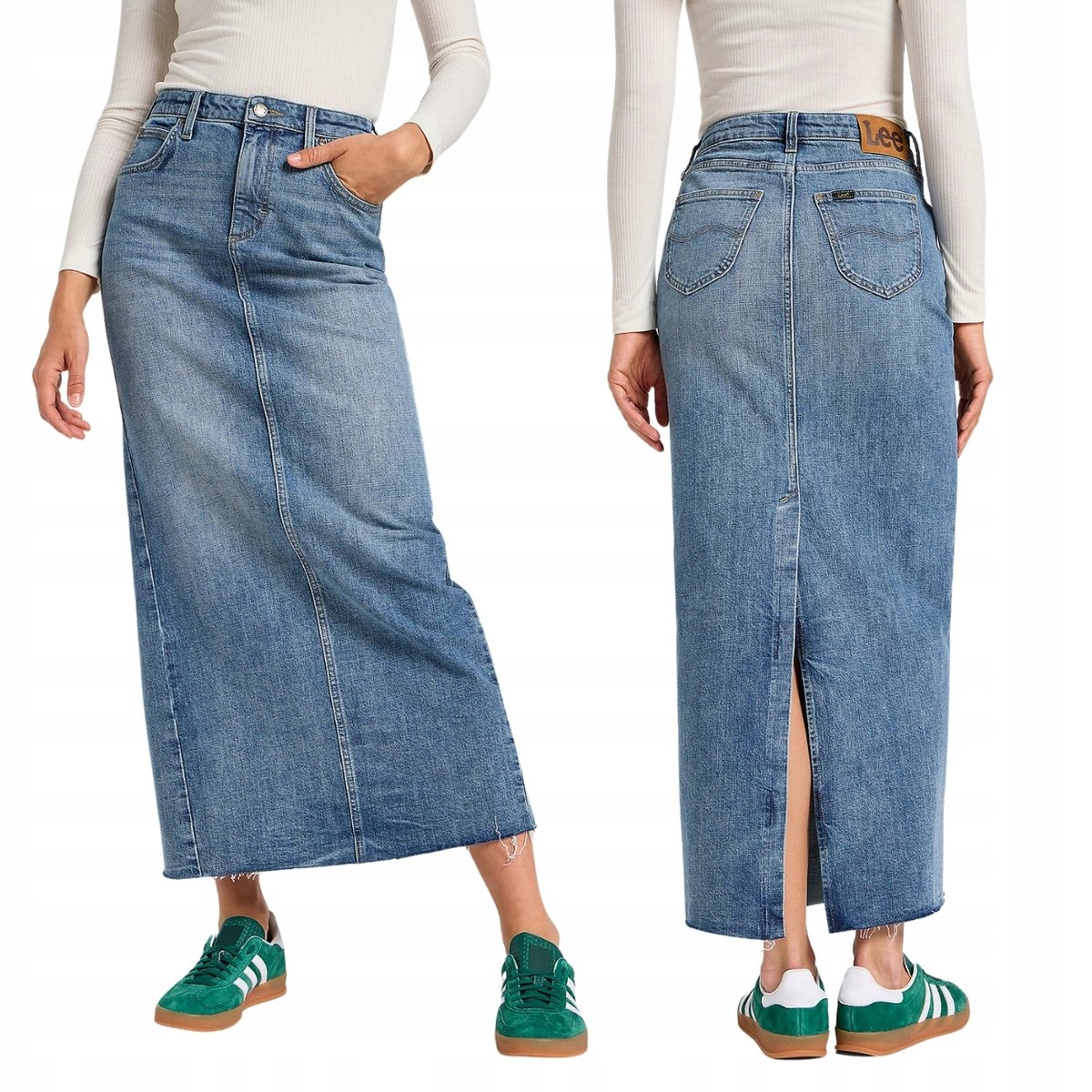 Lee BACK SLIT MAXI SKIRT Set DŁUGA JEANSOWA SPÓDNICA ROZCIĘCIE Z TYŁU ...