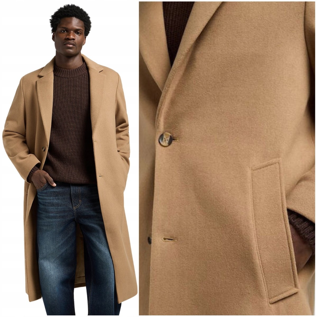 Lee LONG WOOL CAR COAT Camel długi karmelowy płaszcz wełniany męski M ...