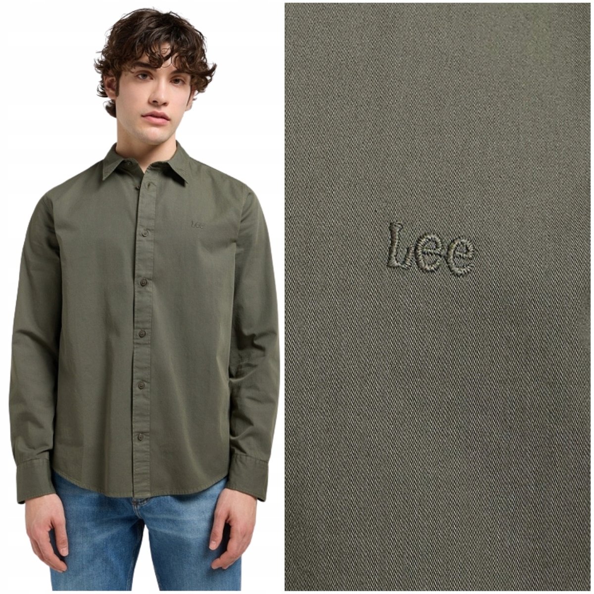 Lee PATCH SHIRT Olive Gray zielona koszula bawełniana męska małe logo S ...