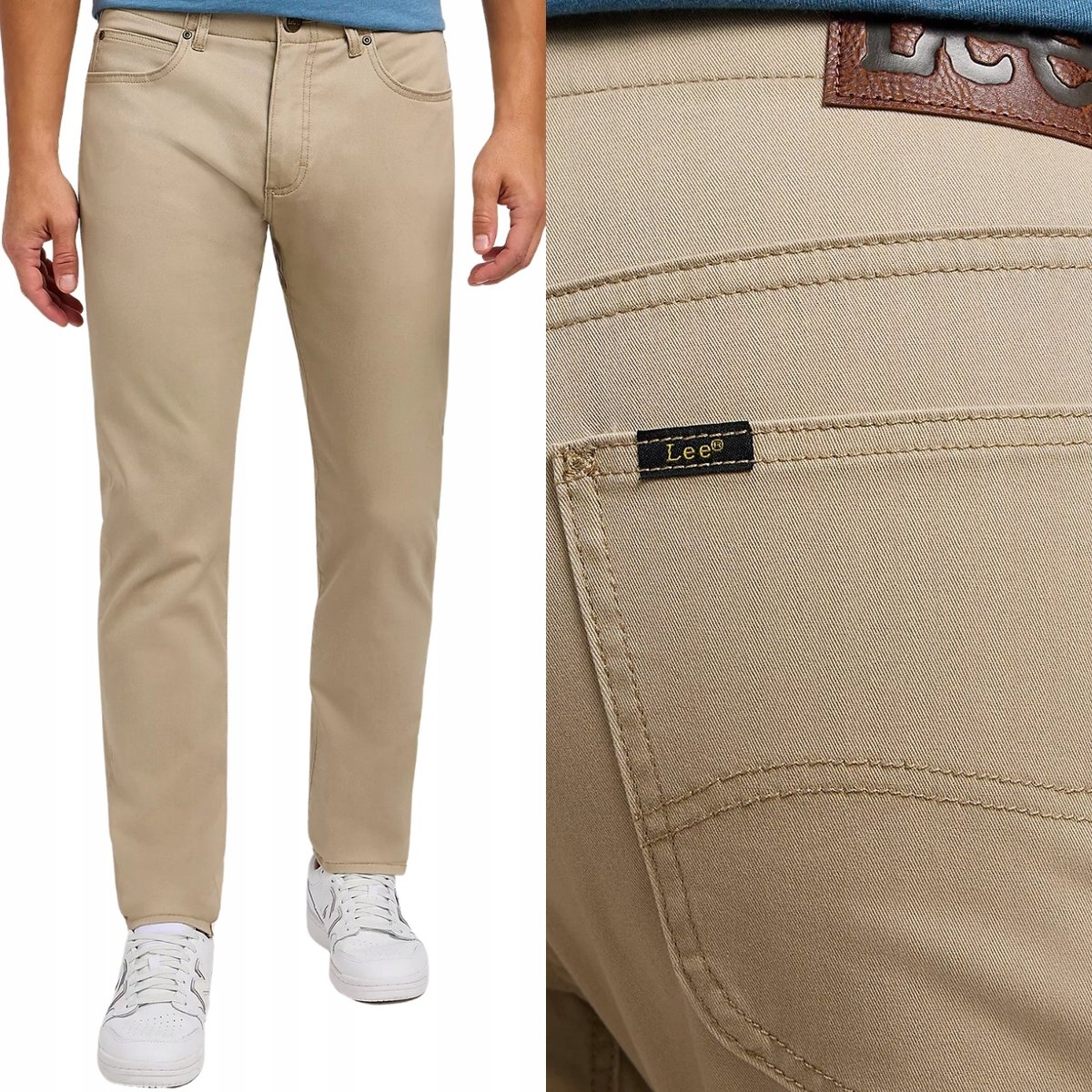 Lee SLIM FIT MVP Extreme Motion WYGODNE BEŻOWE SPODNIE MATERIAŁOWE W38 ...