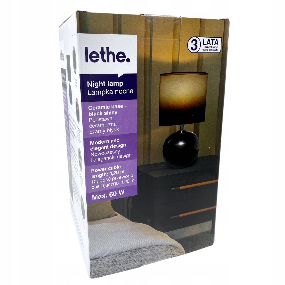 Lethe Lampka Nocna Podstawa Ceramiczna Czarny Błysk Max 60W Kabel 1,2m ...