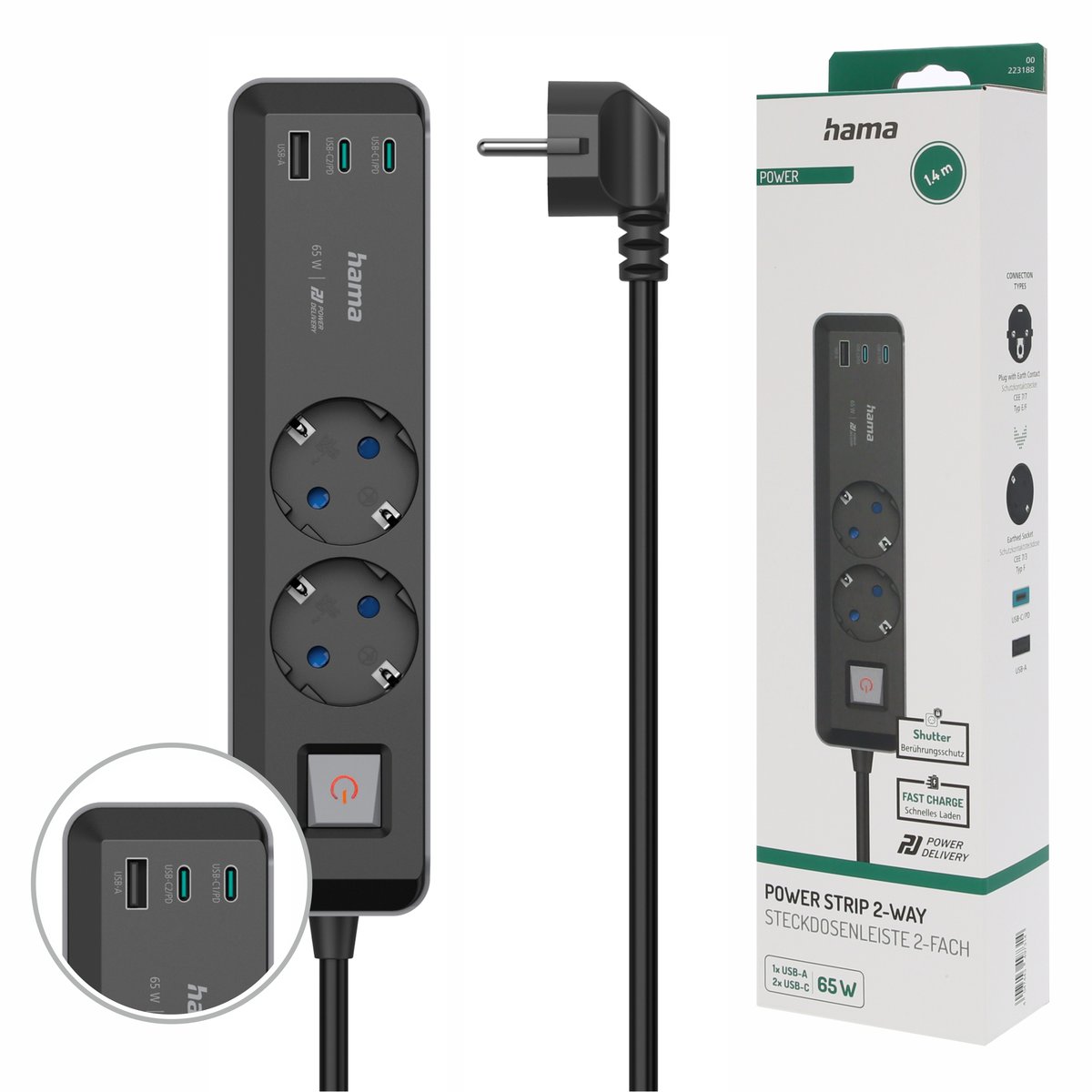 Listwa zasilająca Hama USB 65W Schuko 2 gniazda + 2xUSB-C USB-A PD 1,4m ...